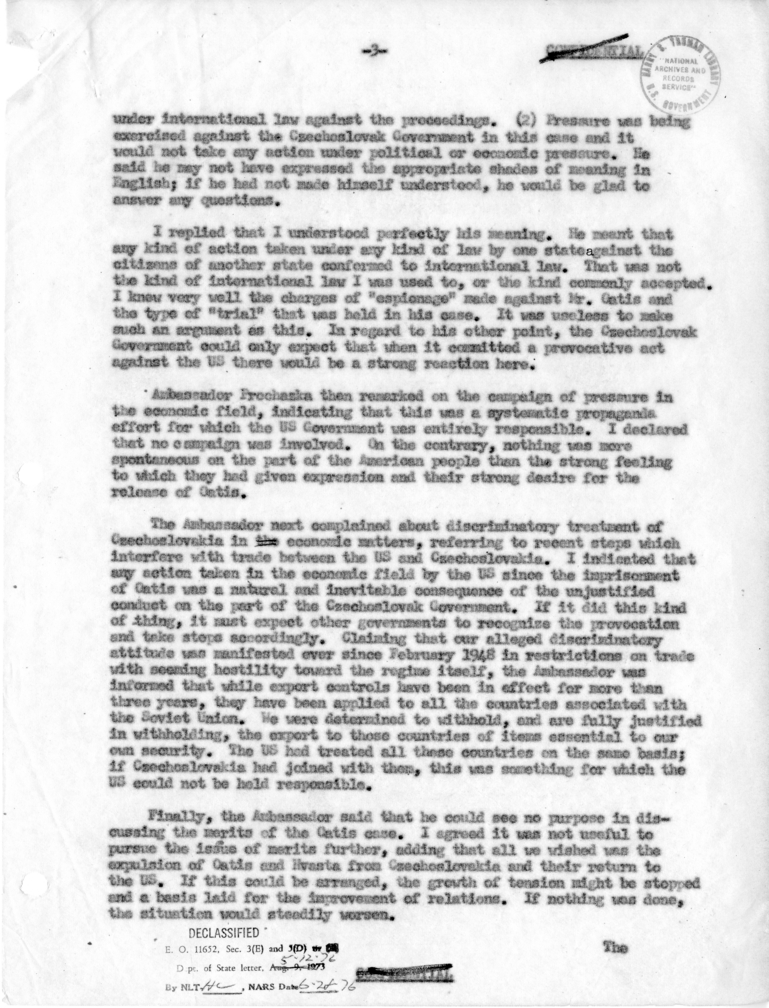 Memorandum of Conversation with Ambassador Vladimir Prochazka of ...
