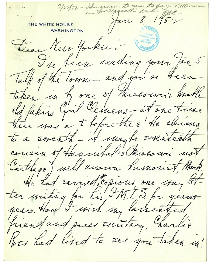 Unsent Letter from President Harry S. Truman to the New Yorker Magazine ...
