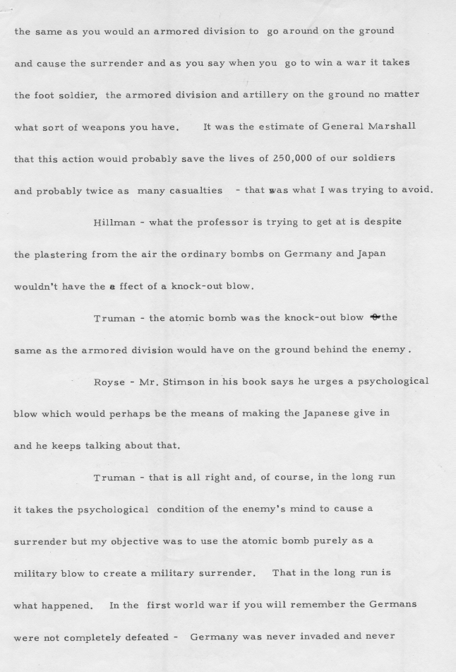 Excerpt from Transcript of Interview with former President Truman ...