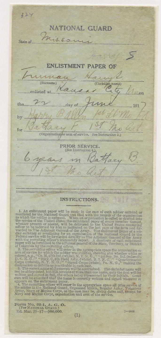 Harry S. Truman's National Guard Enlistment Papers | Harry S. Truman