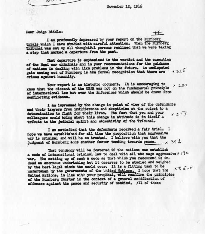 Correspondence between Harry S. Truman and Francis Biddle, accompanied ...