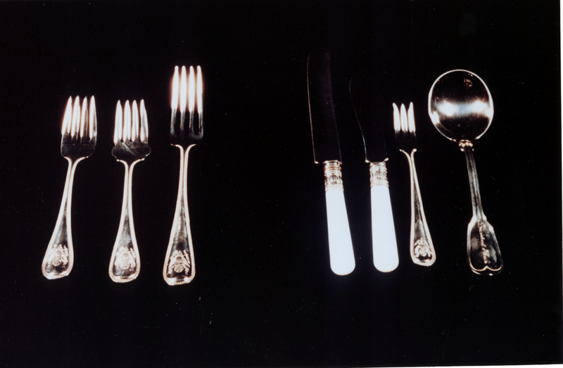 Color photo of seven pieces of White House silverware | Harry S. Truman