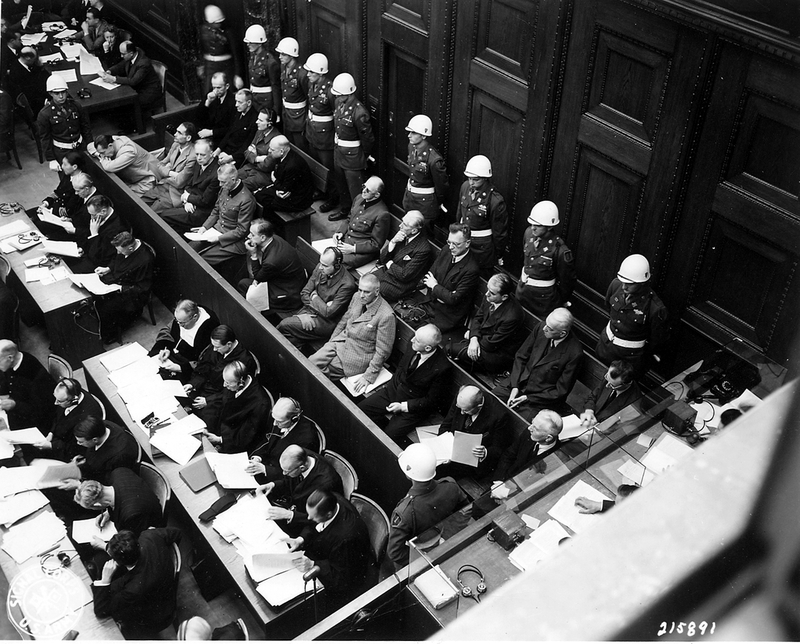 Defendants at the Nuremberg, Germany war crimes trials in the courtroom ...