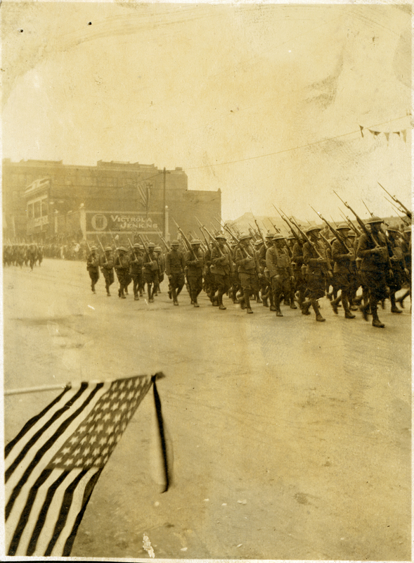 World War I soldiers march down Grand Avenue in Kansas City, Missouri ...