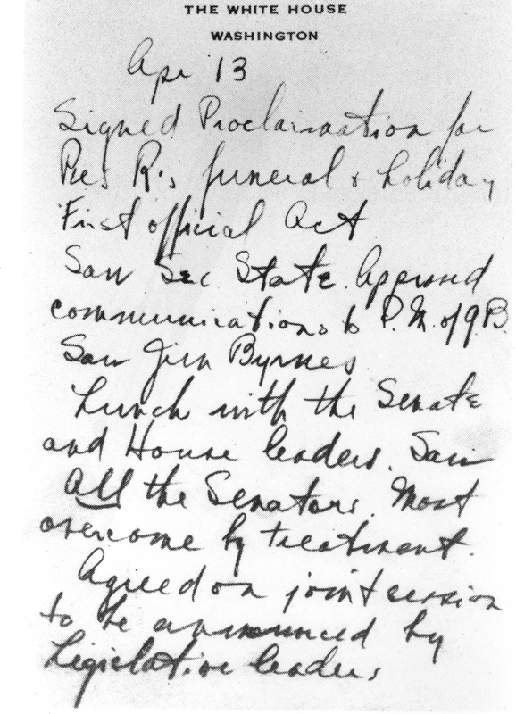 Diary entry from desk of President Harry S. Truman in his handwriting ...