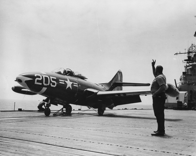 Navy Panther Jet prepares to take off from carrier during Korean War ...