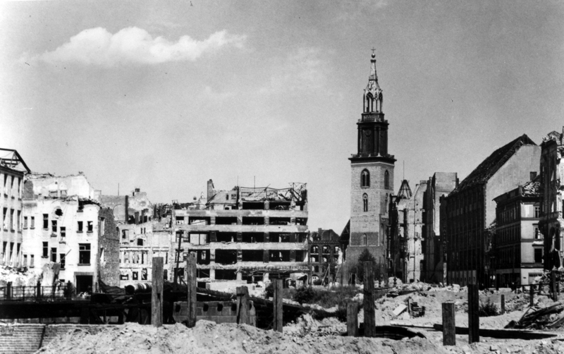 Buildings near Kaiserstrasse in Berlin, Germany, damaged by bombing ...