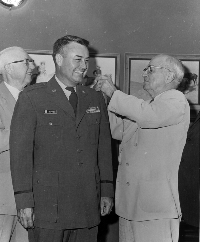 Former President Harry S. Truman, Col. John A. Riffle, and Rufus Burrus ...