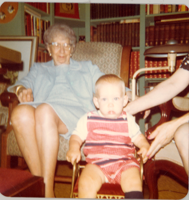 An elderly Bess Truman entertains a mother and infant son in her home ...
