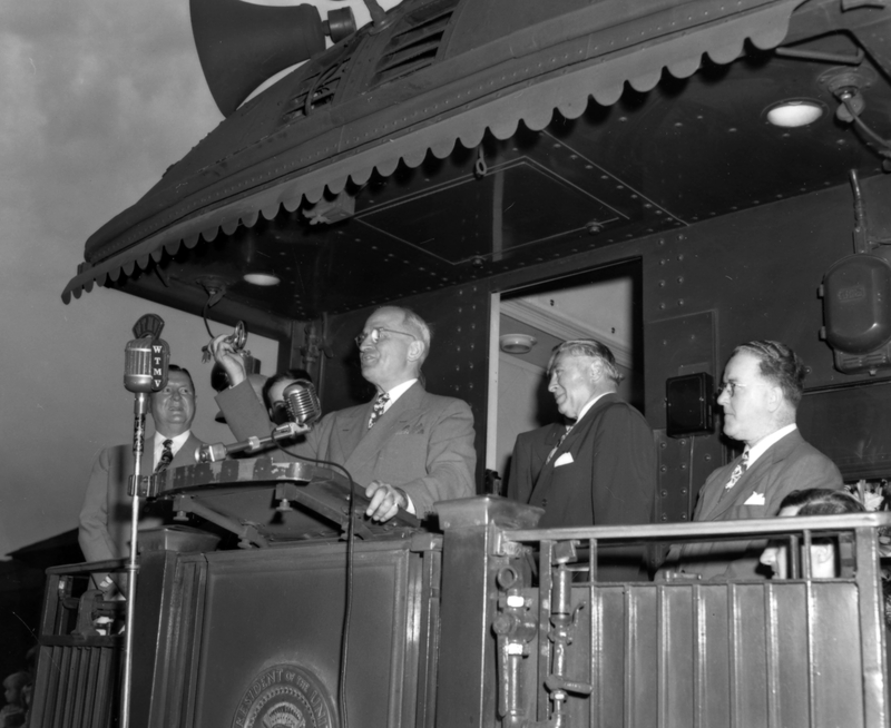 President Truman and Others on the Rear Platform of a Train in ...