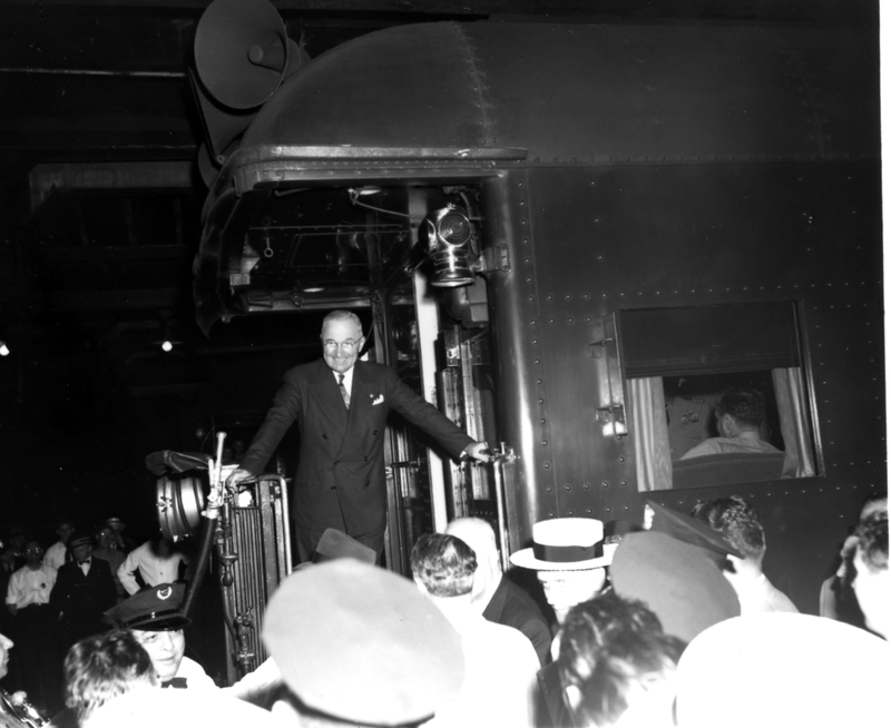 President Truman Greets a Crowd from the Rear Platform of a Train ...