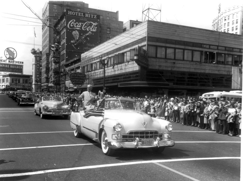 President Truman Atop Open Car in a Parade in Seattle | Harry S. Truman