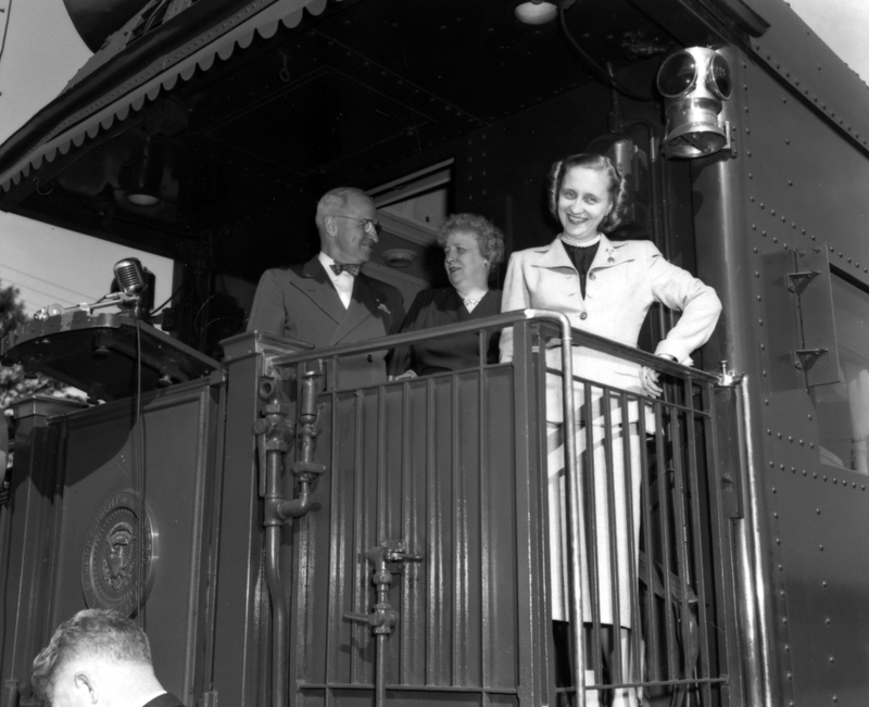 President Truman, Bess and Margaret Truman on the rear platform of a ...