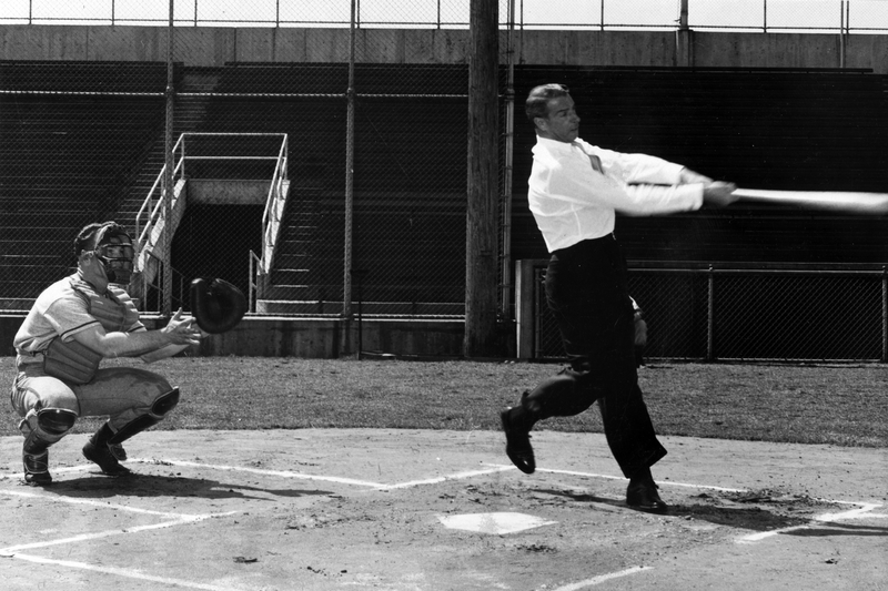 Joe DiMaggio Takes a Practice Swing While Visiting Fort Lewis' Cowan ...