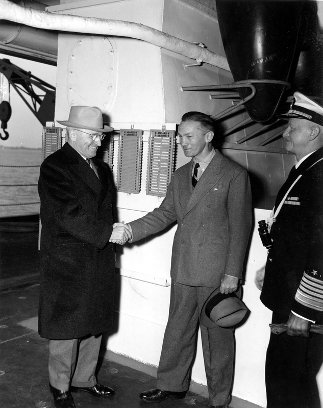 President Truman being welcomed on the U. S. S. Franklin D. Roosevelt ...