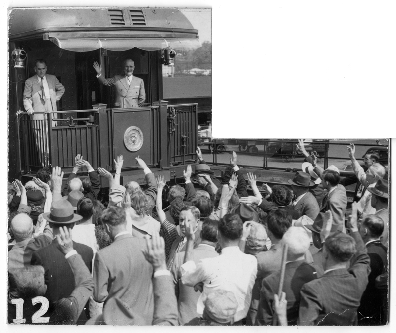 President Harry S. Truman speaking from a train on the campaign trail ...