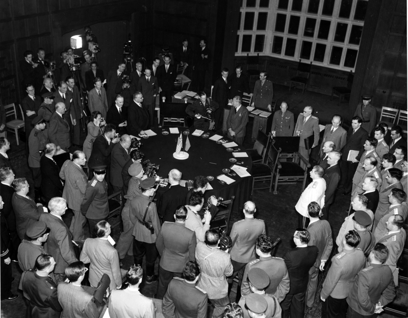 The conference table at Potsdam, with Truman, Attlee, and Stalin ...