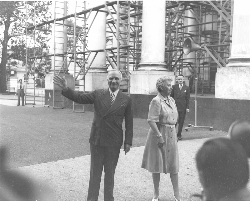 President and Mrs. Truman greeting crowd upon Japanese surrender ...