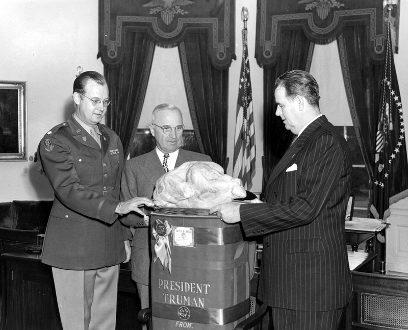 Truman receiving a turkey from Senator Olin Johnston and Colonel ...