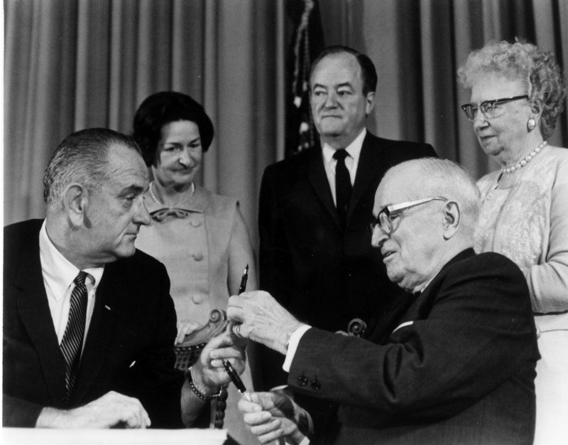 President Johnson, Harry S. Truman and others at Medicare signing ...