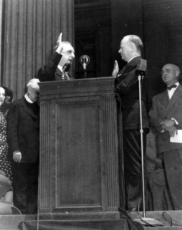 Chief Justice Vinson and John W. Snyder at Snyder's oath of office ...