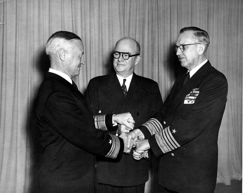 Adm. Forrest P. Sherman Being Congratulated by Adm. Louis Denfeld and ...