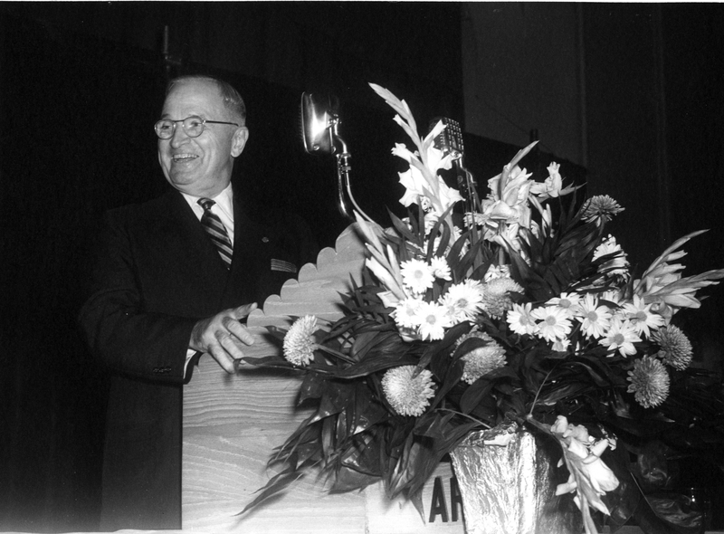 Former President Truman at the speaker's podium for the 1955 reunion of ...
