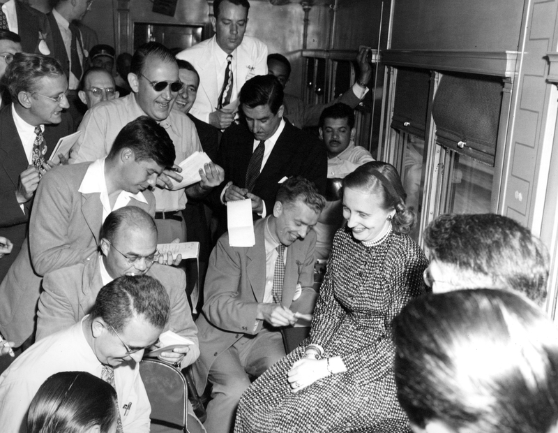 Margaret Truman holds a press conference aboard the Truman train ...