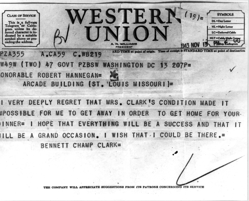 Photo of a Western Union Telegram to Robert E. Hannegan from Bennett ...