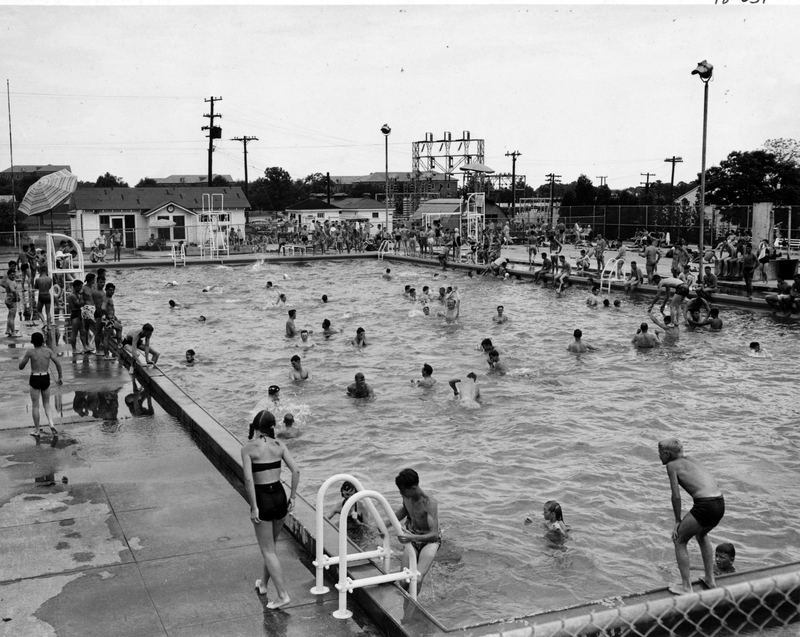 Overview of the swimming pool and swimmers at the U. S. Marine Corps ...