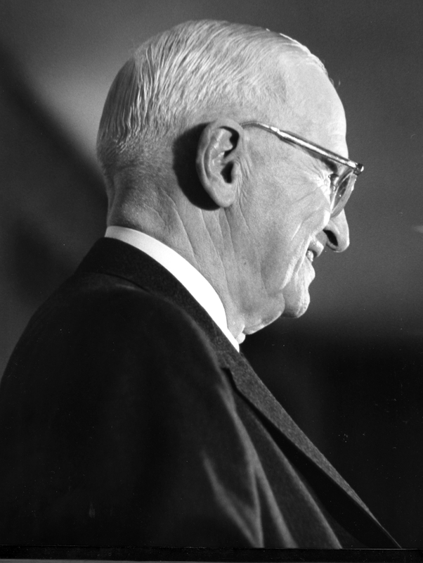 Profile photo of former President Truman at podium of Kennedy-Welsh ...