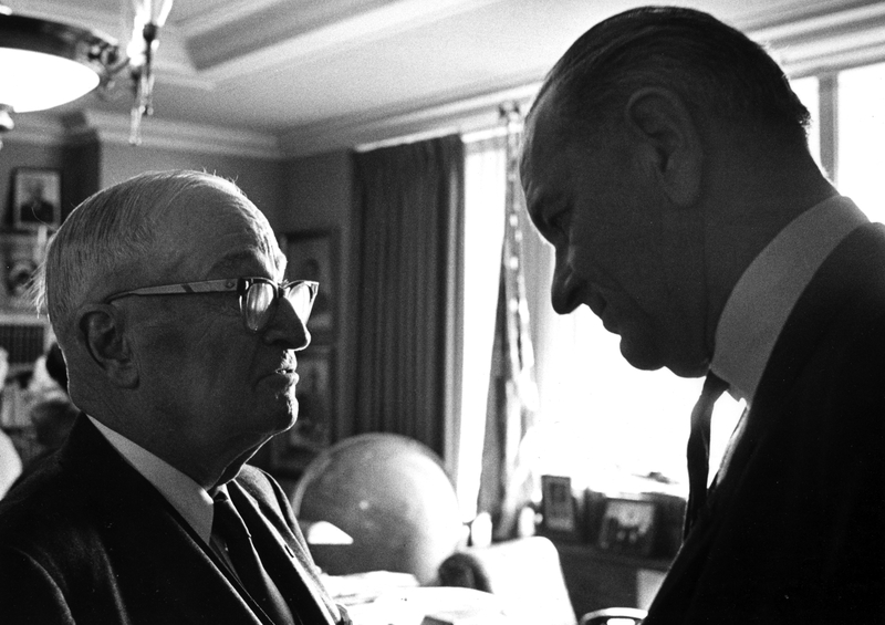 Former President Truman and President Lyndon B. Johnson in Mr. Truman's ...