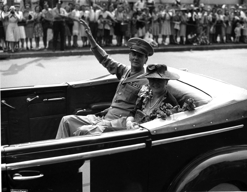 General Jonathan Wainwright with Mrs. Wainwright greeted while riding ...