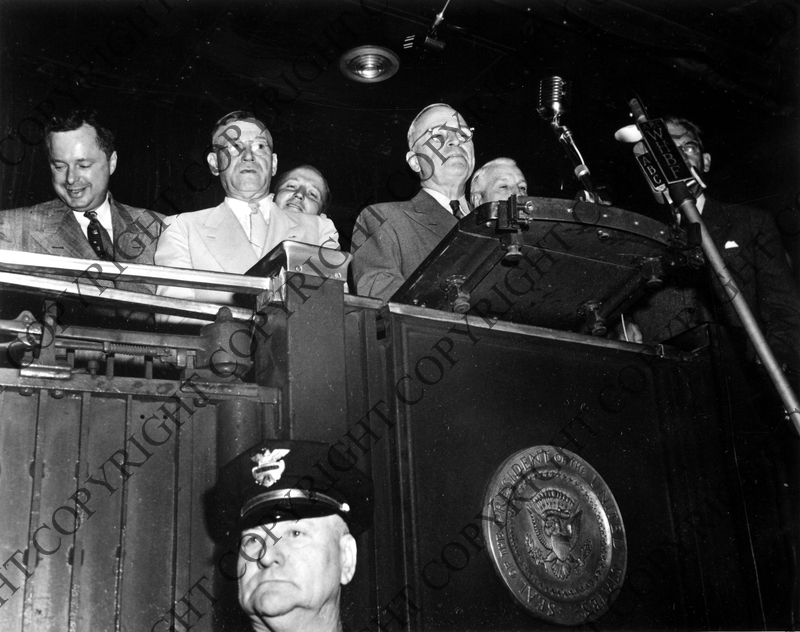 Truman speaks from rear platform of train in Rock Island, Illinois ...