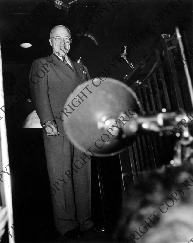 President Truman on rear platform of train in Rock Island, Illinois ...