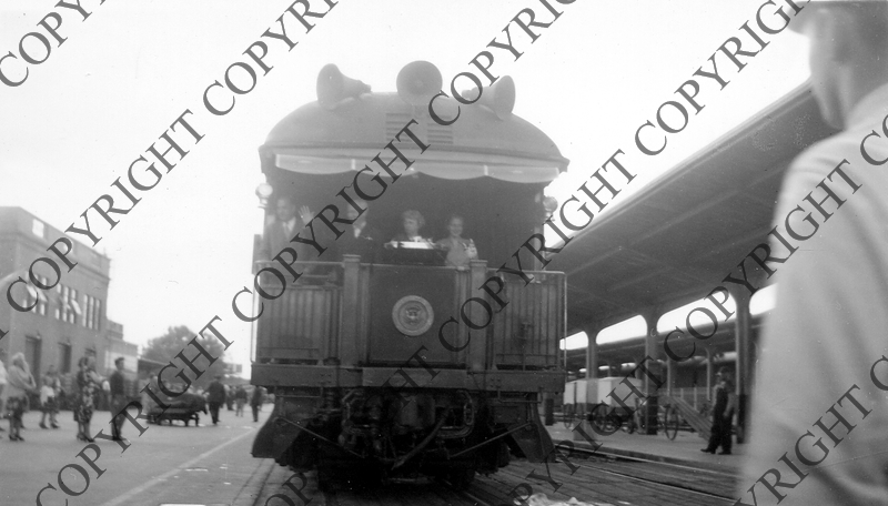 Trumans on the rear platform of a train at Sacramento, California ...