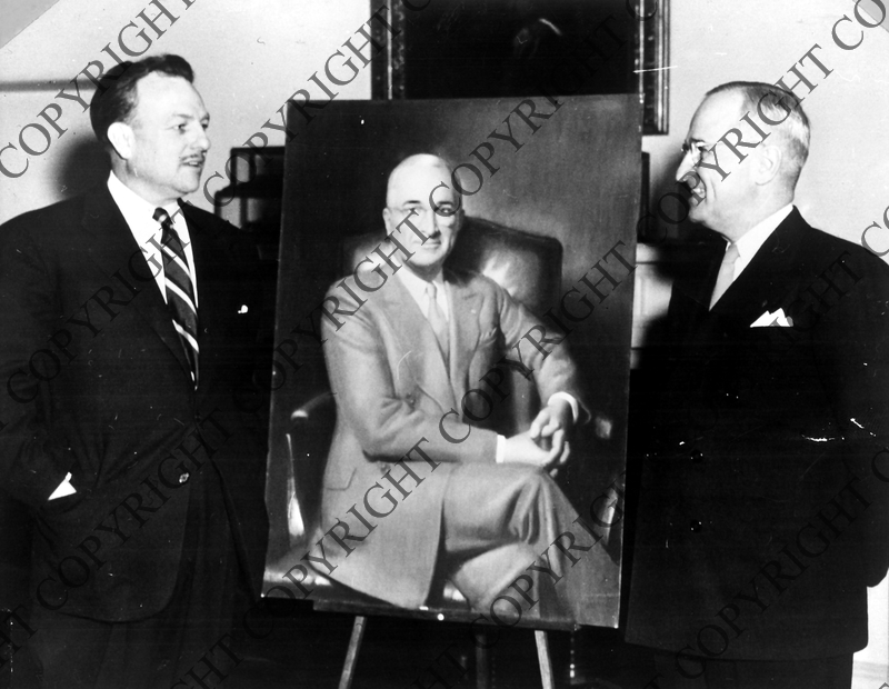 Truman poses with his portrait and Onestus Uzzell, artist | Harry S. Truman