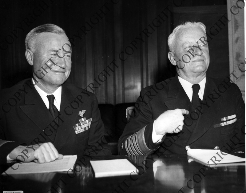Photo of Admiral Chester Nimitz and Admiral Forrest P. Sherman at a press conference where they ...