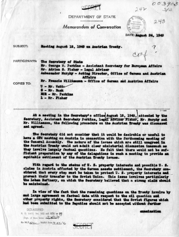 Memorandum of Conversation with George W. Perkins, Adrian S. Fisher ...