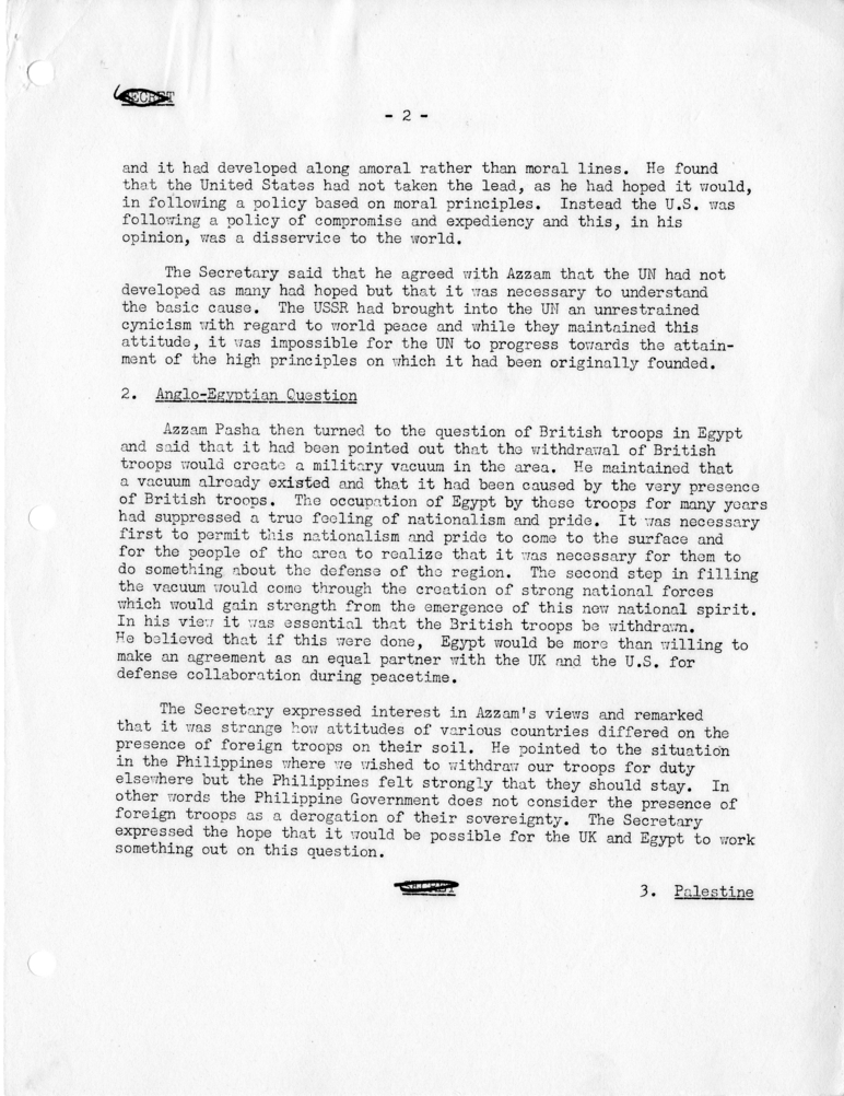 Memorandum of Conversation with the Secretary General of the Arab ...