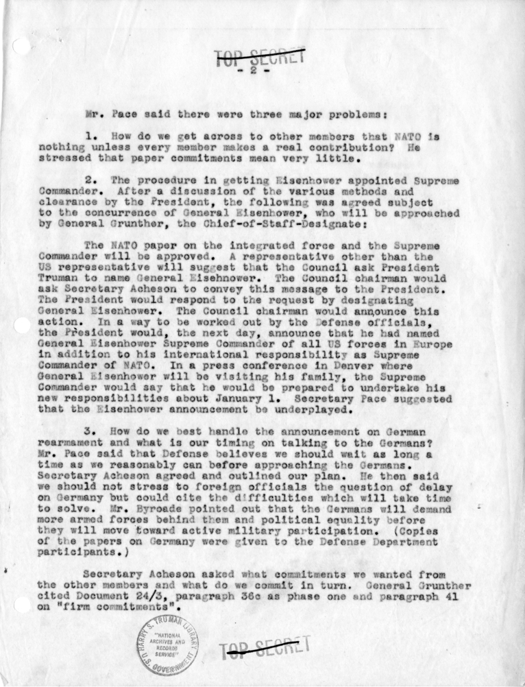 Memorandum of Conversation with Secretary of the Army Frank Pace ...