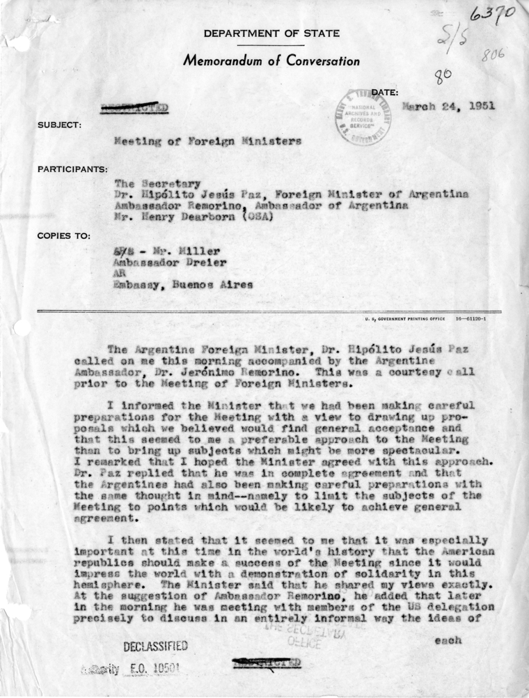 Memorandum of Conversation with Foreign Minister Hipolito Jesus Paz of ...