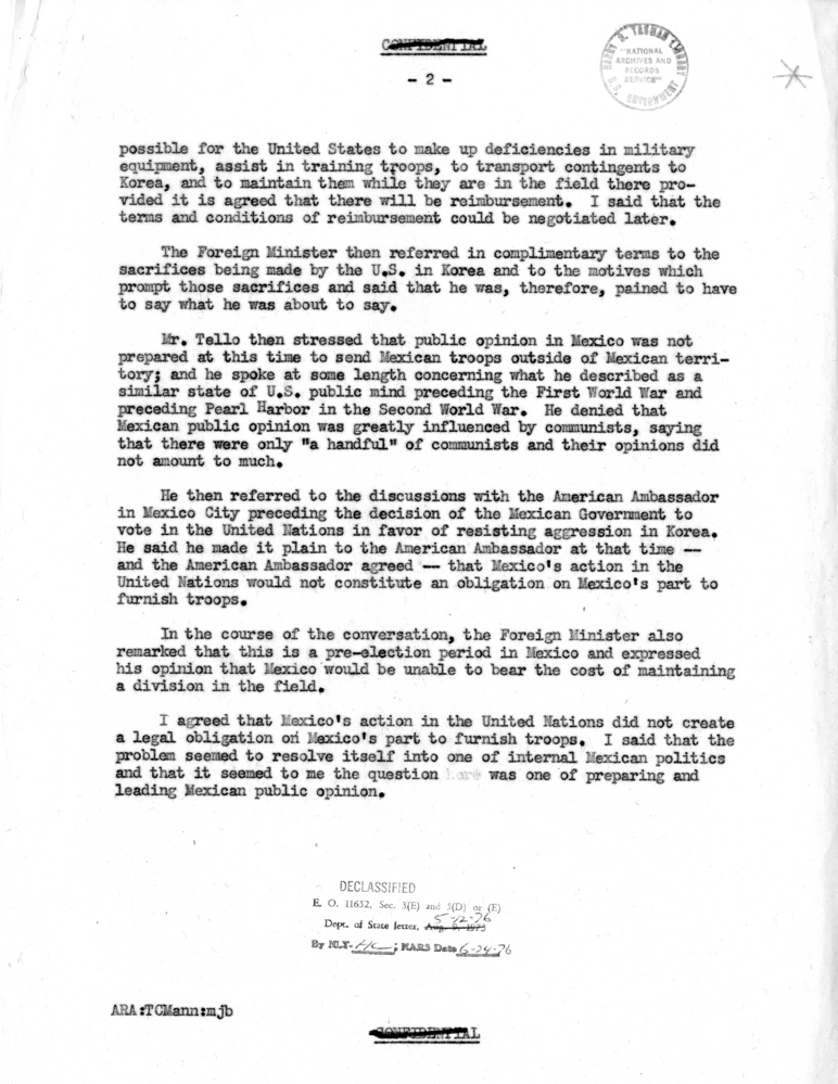 Memorandum of Conversation with Foreign Minister Manuel Tello of Mexico ...