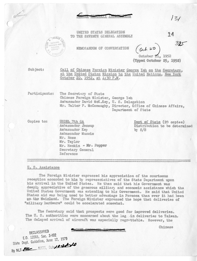 Memorandum Of Conversation With Foreign Minister George Yeh Of China memorandum-of-conversation-with-foreign-minister-george-yeh-of-china