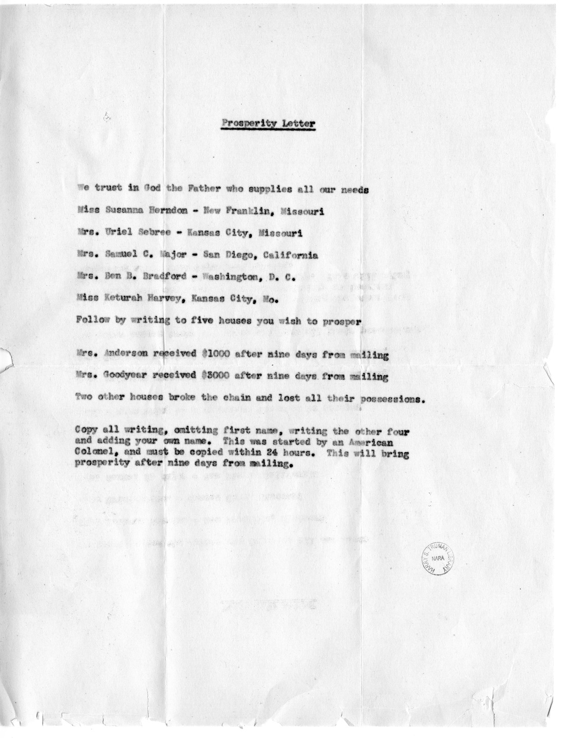 Prosperity Letter | Harry S. Truman