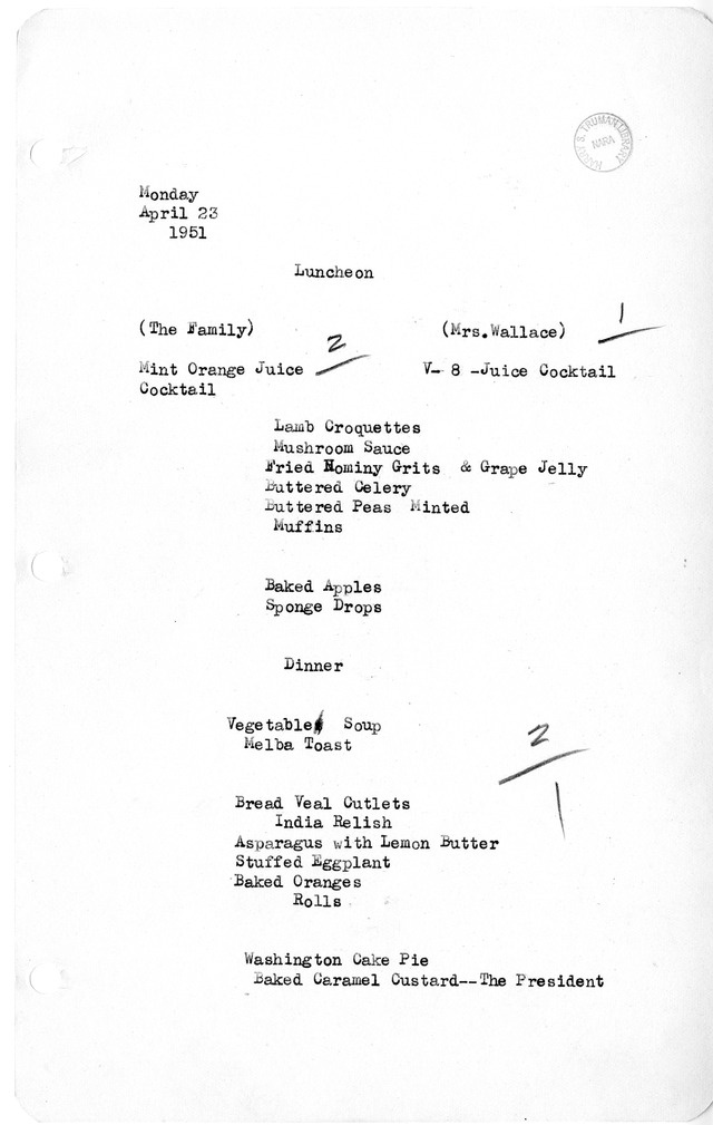 White House Luncheon and Dinner Menu | Harry S. Truman