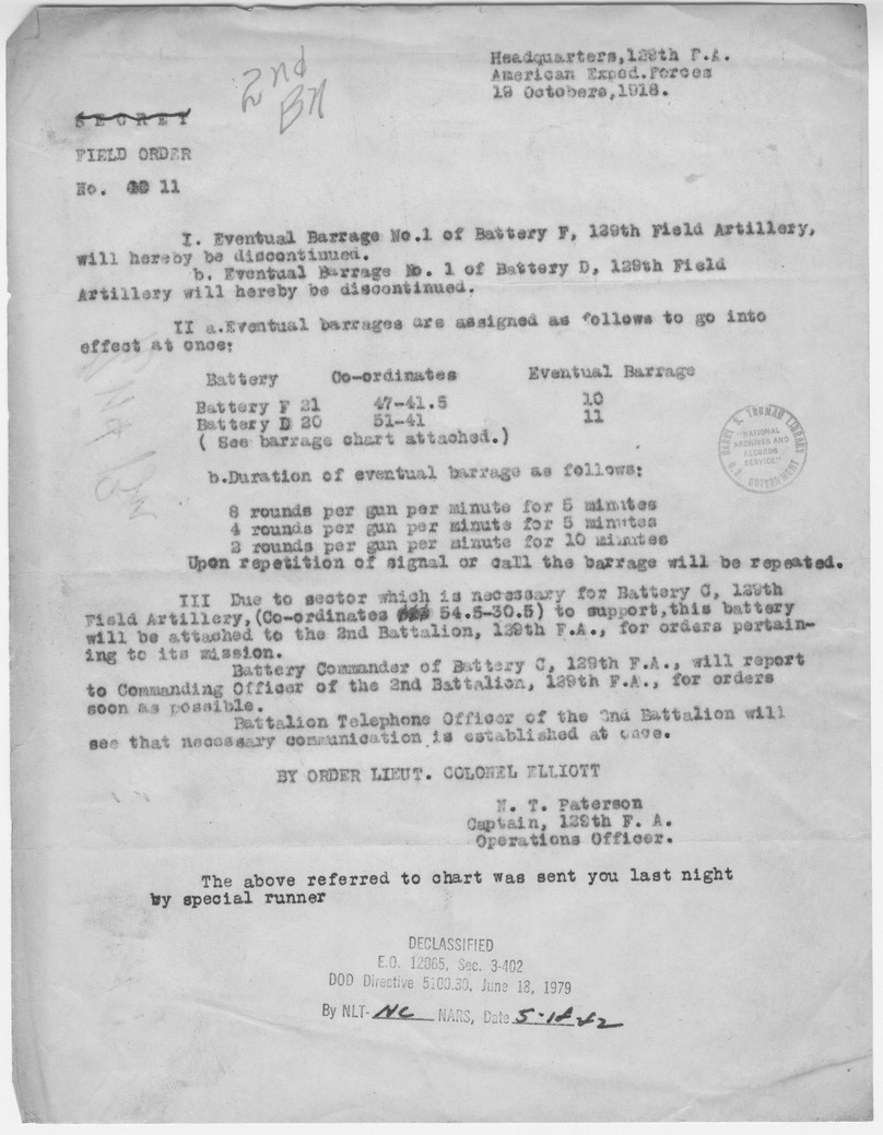 Field Order Number 11 from Captain Newell T. Paterson | Harry S. Truman