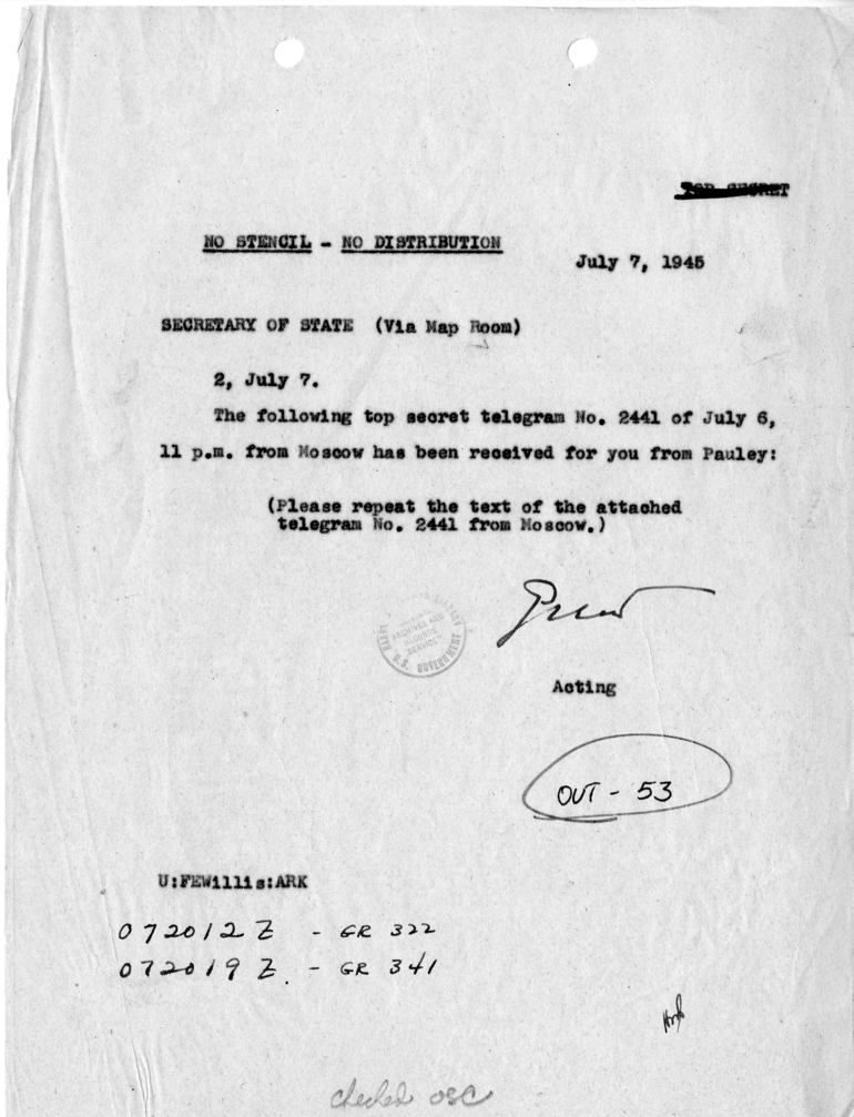 Telegram from the Acting Secretary to the Secretary of State | Harry S ...