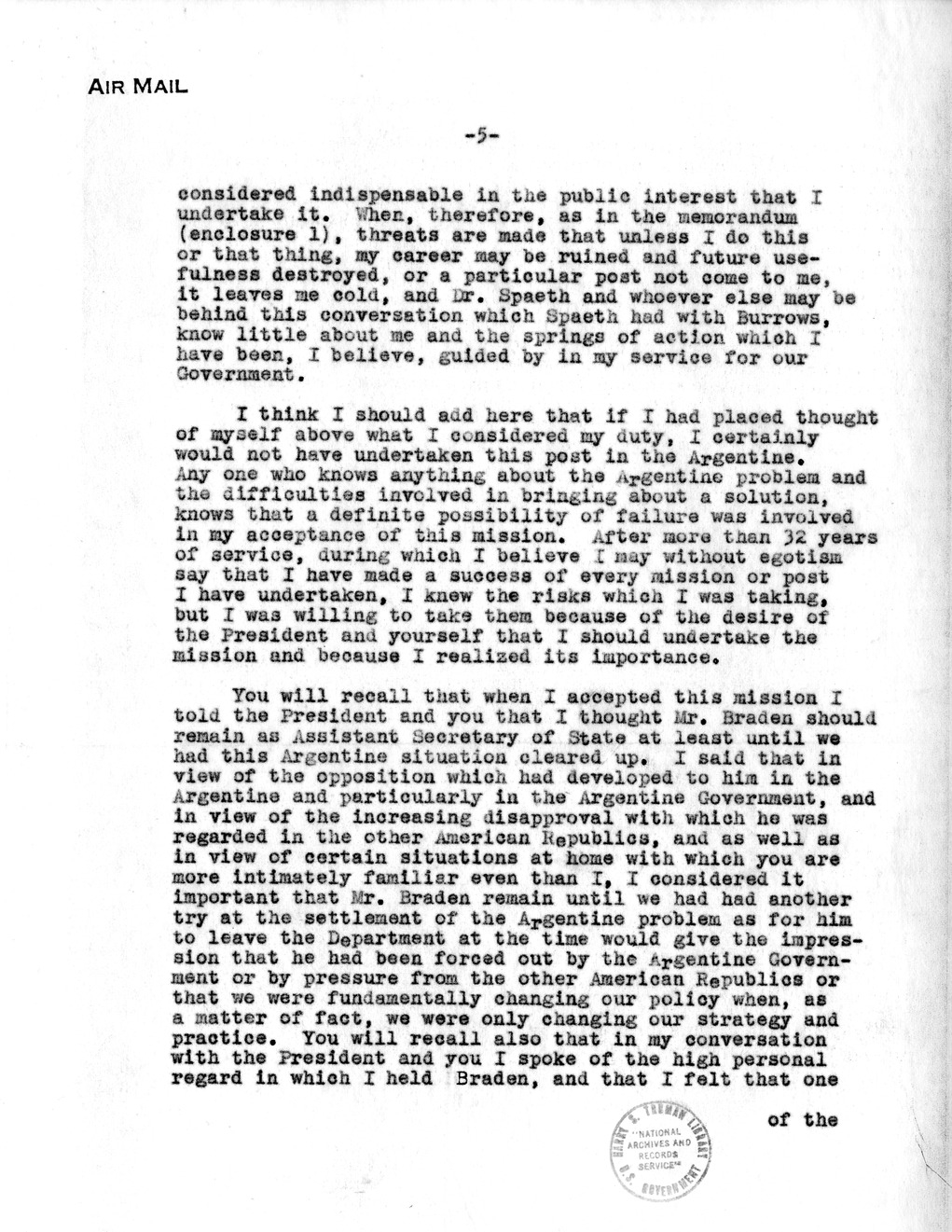 Memorandum from George Messersmith to President Harry S. Truman, with ...