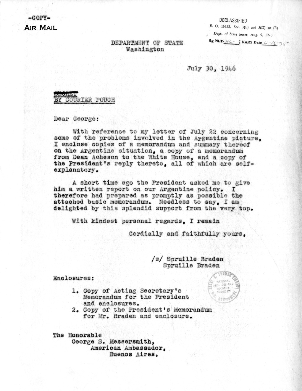 Memorandum from George Messersmith to President Harry S. Truman, with ...
